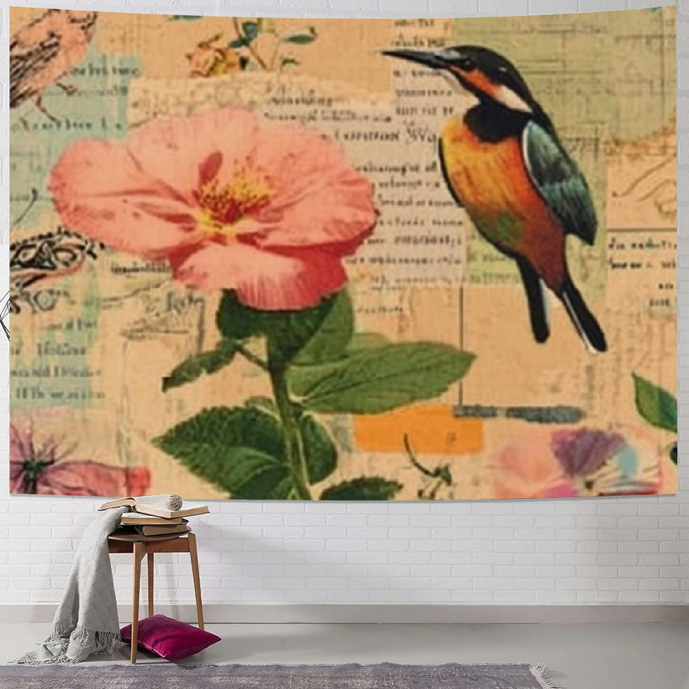 BCIIG Flowers Birds Collage Tapestry Wall Hanging Unique Style Graphic ...