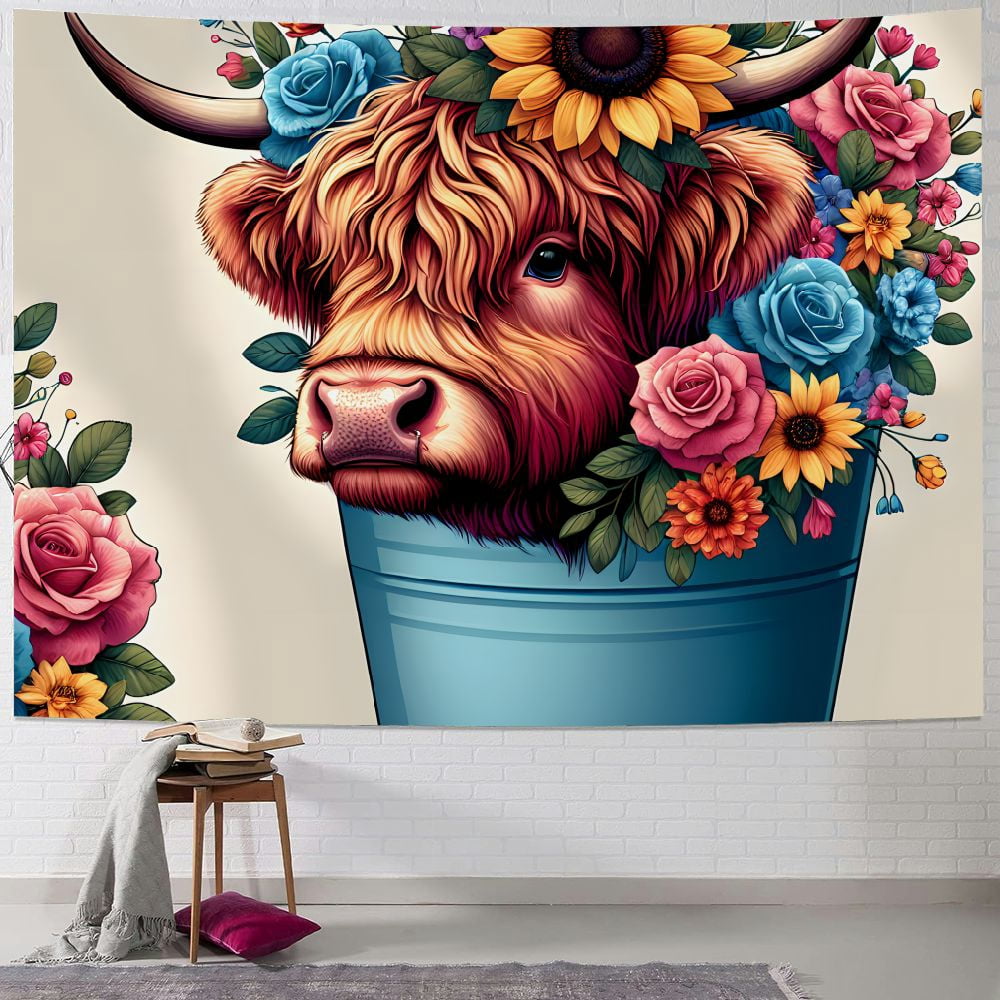 BCIIG Flowers Cow Tapestry Wall Hanging Unique Style Graphic Tapestries ...