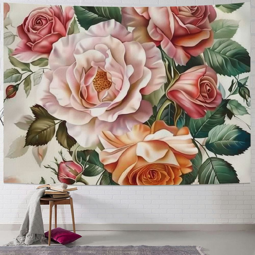 BCIIG Flowers Leaves Pink Rose Tapestry Wall Hanging Unique Style ...