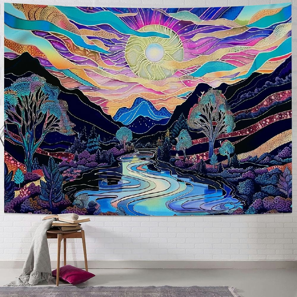 BCIIG Forest Mountain Tapestry Sun Tapestry UV Reactive Retro Landscape ...