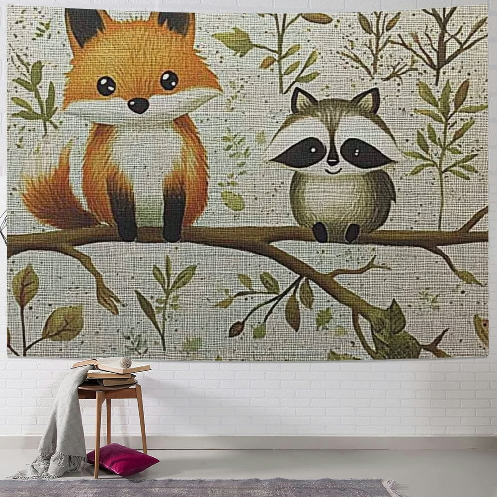 BCIIG Fox Raccoon Bird Tapestry Wall Hanging Unique Style Graphic ...
