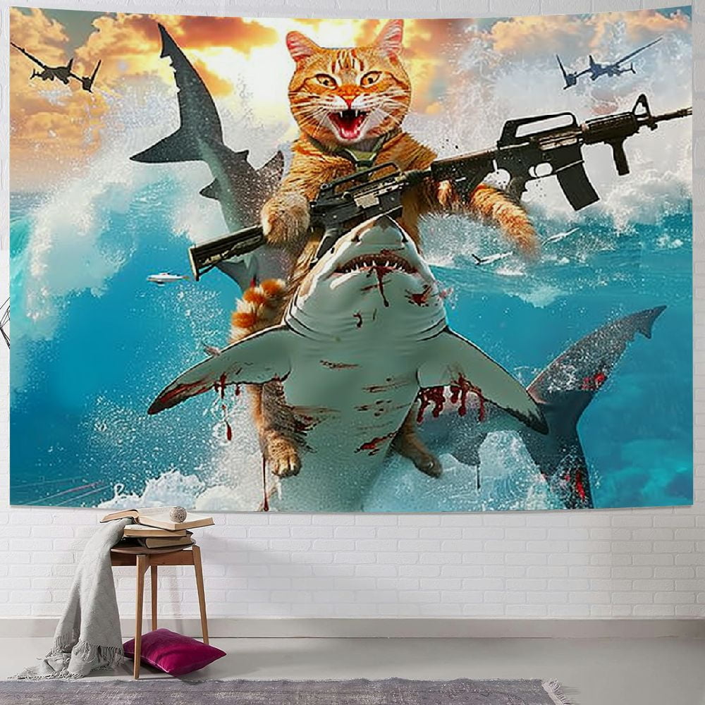 BCIIG Funny Cat Tapestry, Hilarious Cat Riding Cool Shark at Ocean Wave ...