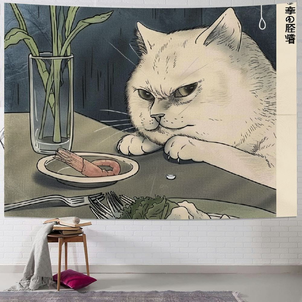 BCIIG Funny Cute Canvas Paintings Japanese Woman Yelling at Cat Eat ...