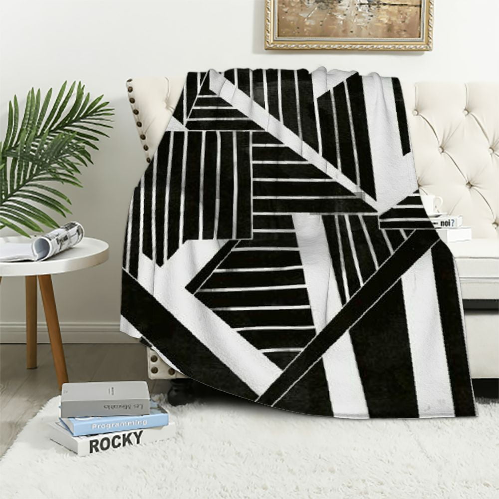 BCIIG Geometric Pattern Throw Blanket Soft Ribbed Flannel Black White ...