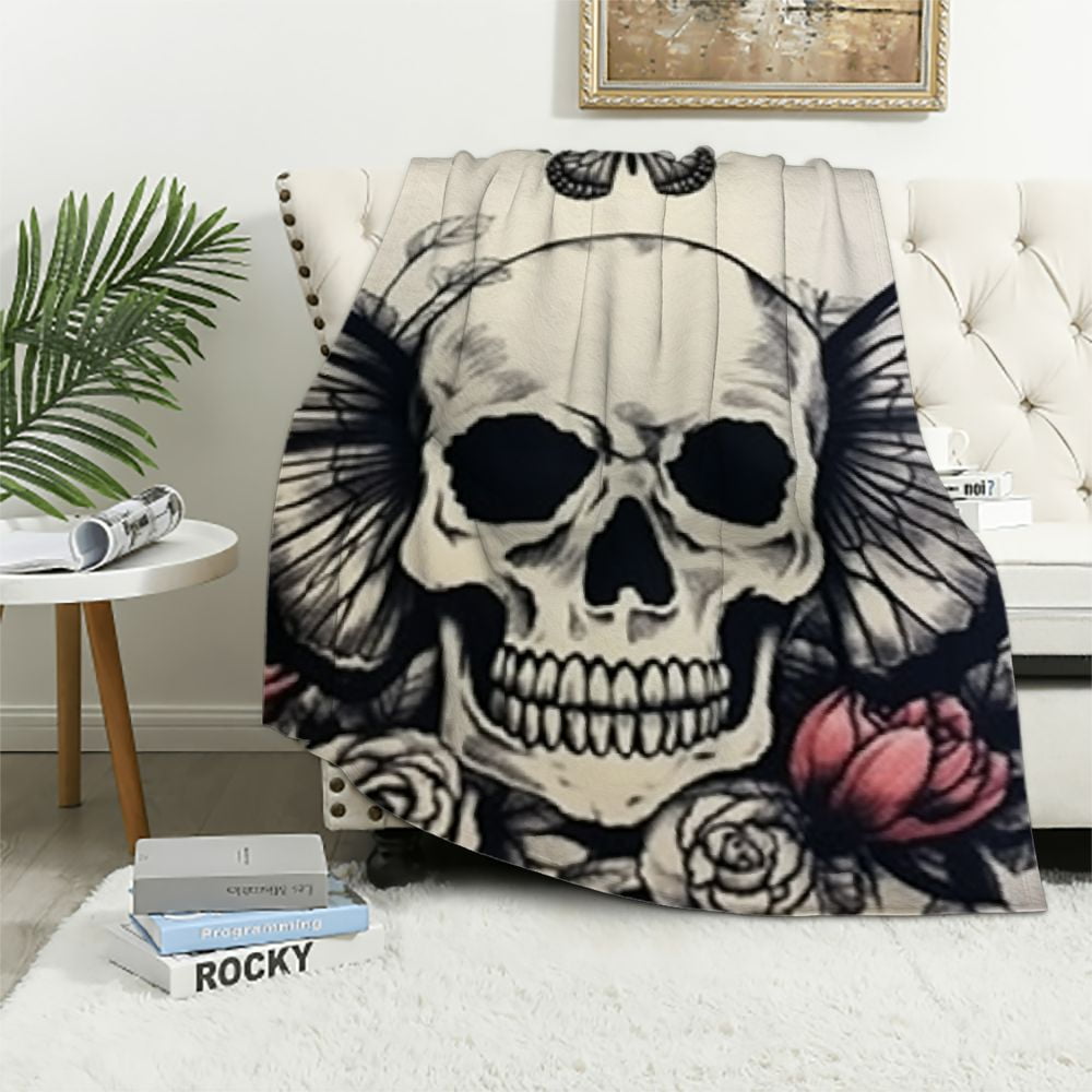 BCIIG Gothic Skull Sherpa Blanket Decorative Death Moth and Flowers ...