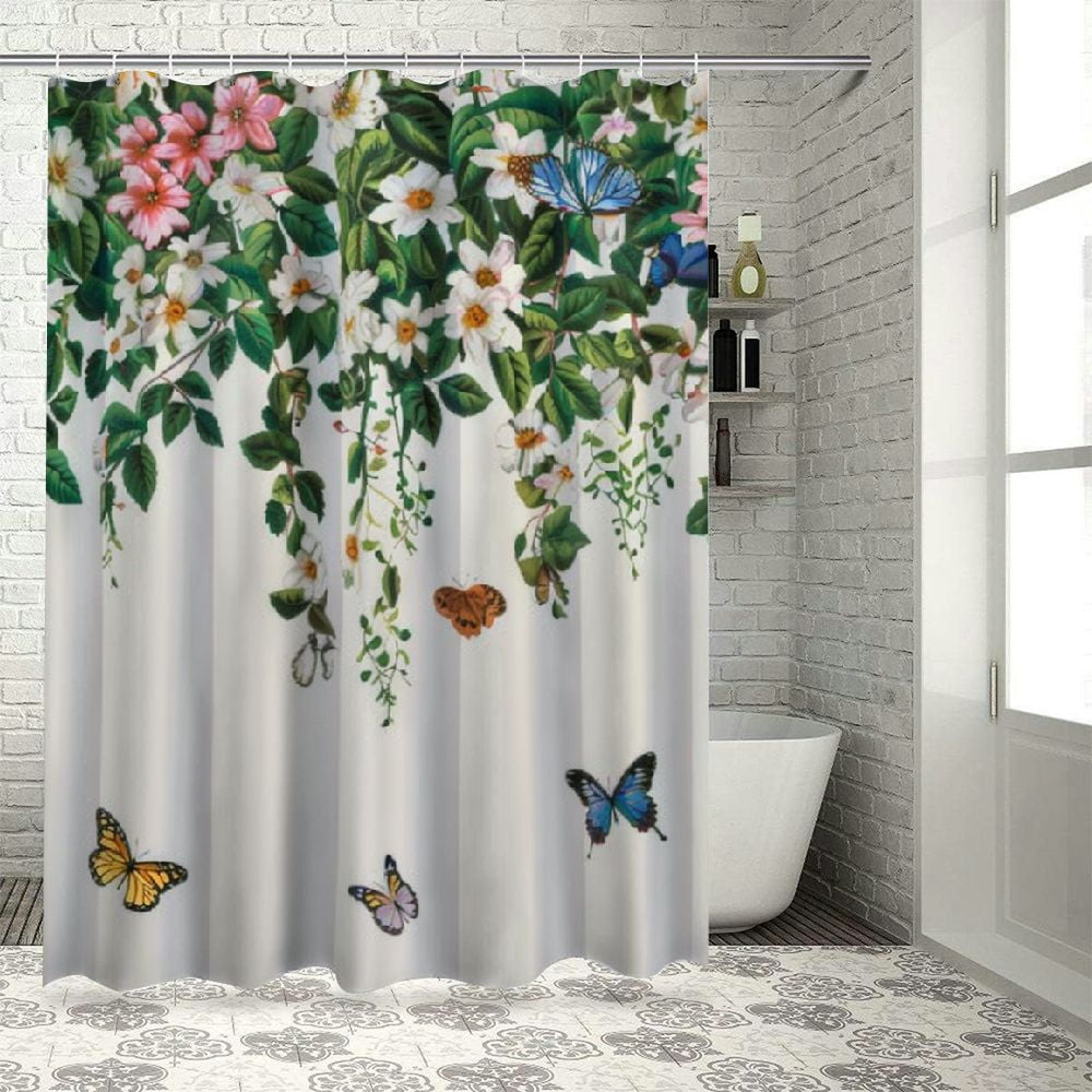 BCIIG Green Floral Shower Curtain, Green Leaves, Colorful Flowers and Butterflies on The Top ...