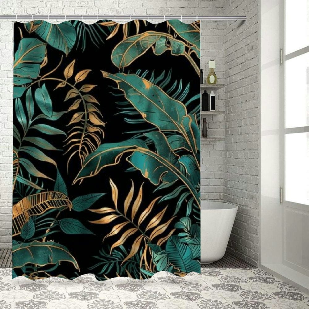 BCIIG Green Gold Tropical Palm Leaves Shower Curtain Abstract Banana ...