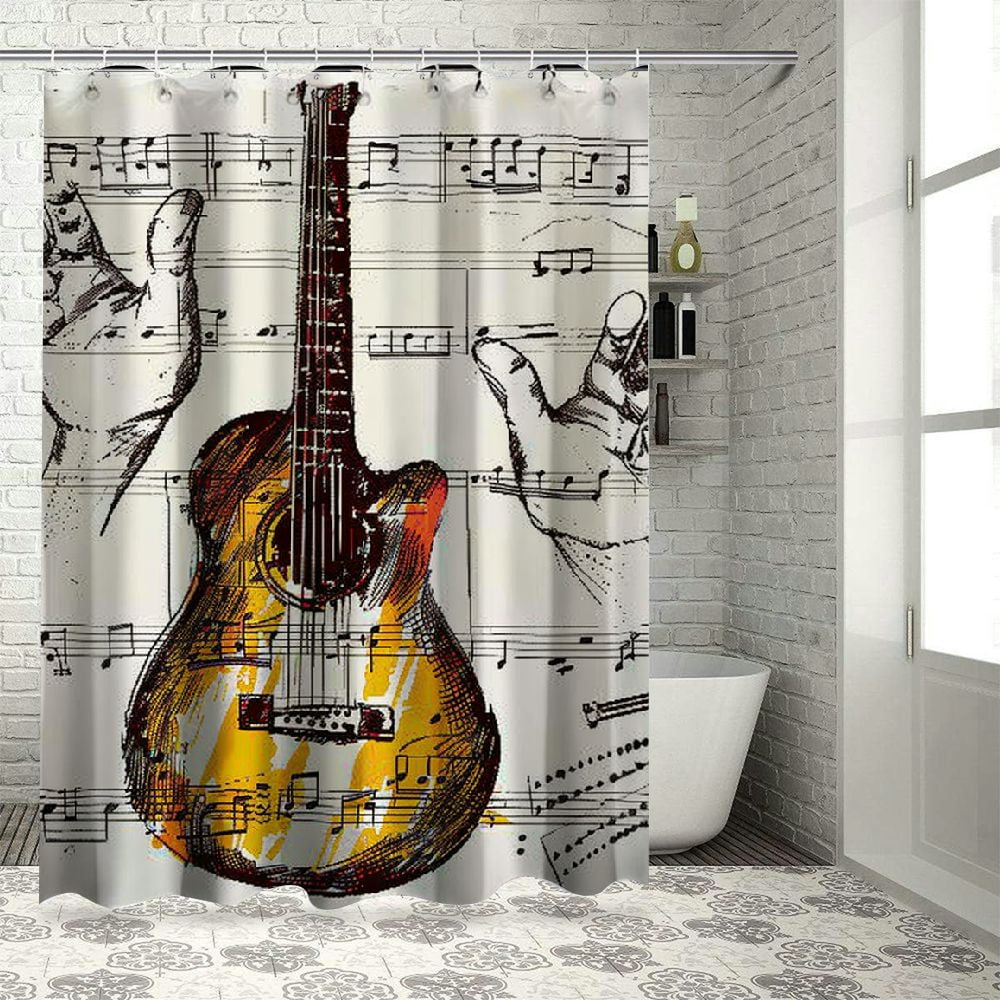 BCIIG Guitar Shower Curtain, Sketch Art Style Instrument and Chords Acoustic Flamenco Technique ...
