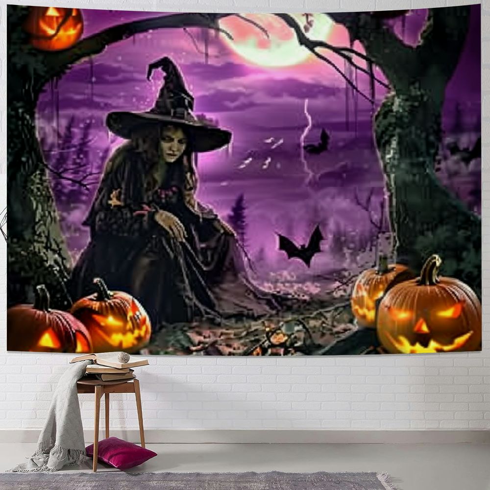 BCIIG Halloween Wall Tapestry Horror Witch Cat and Dead Tree Pumpkin ...