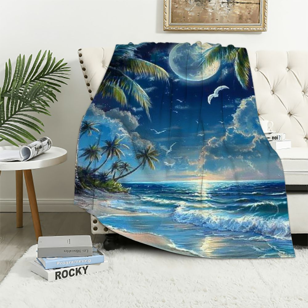 BCIIG Hawaii Style Sea Wave Sherpa Blanket Moon Night Sky Flannel Throw ...