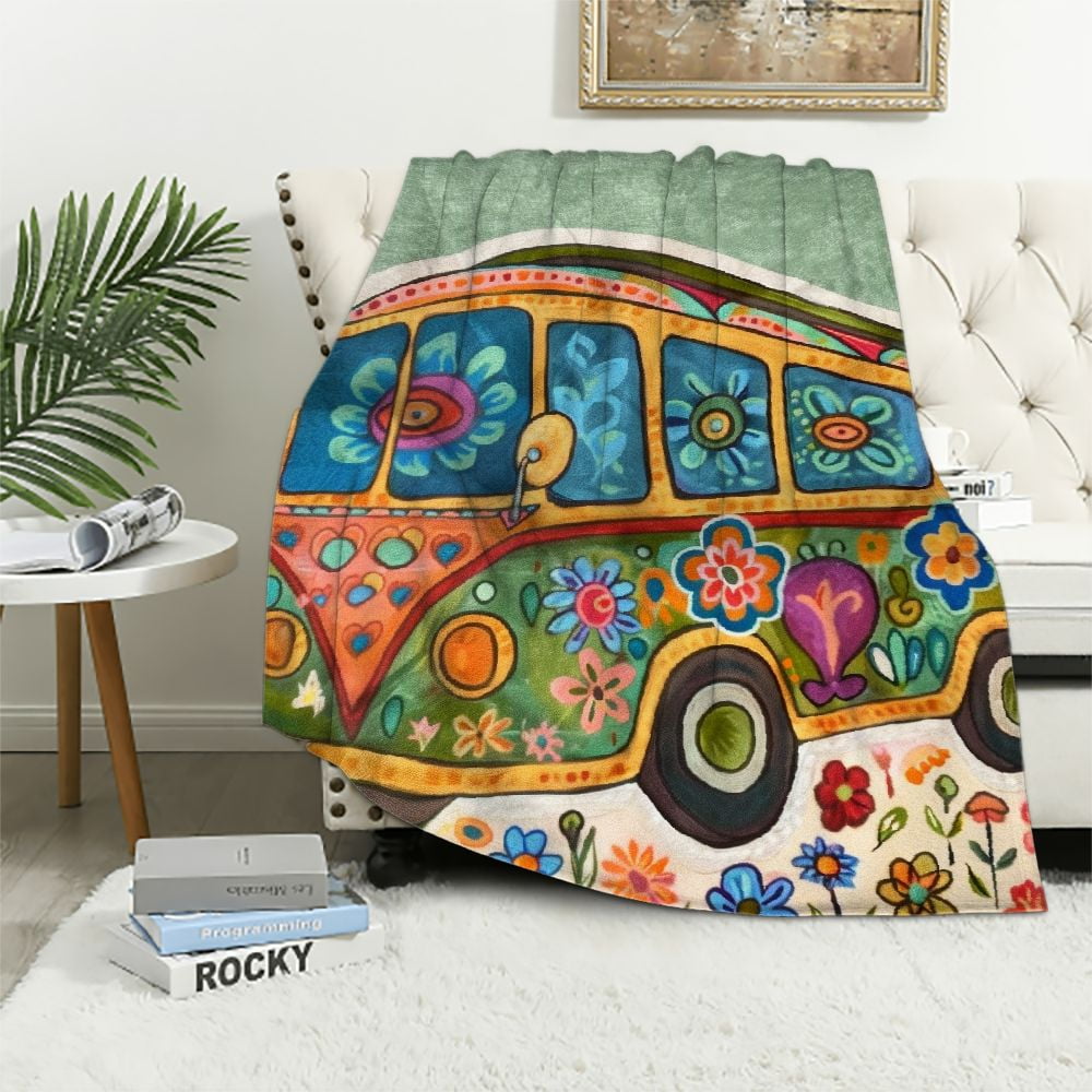 BCIIG Hippie Bus 70s Flannel Throw Blanket Retro Van Yellow Cartoon ...