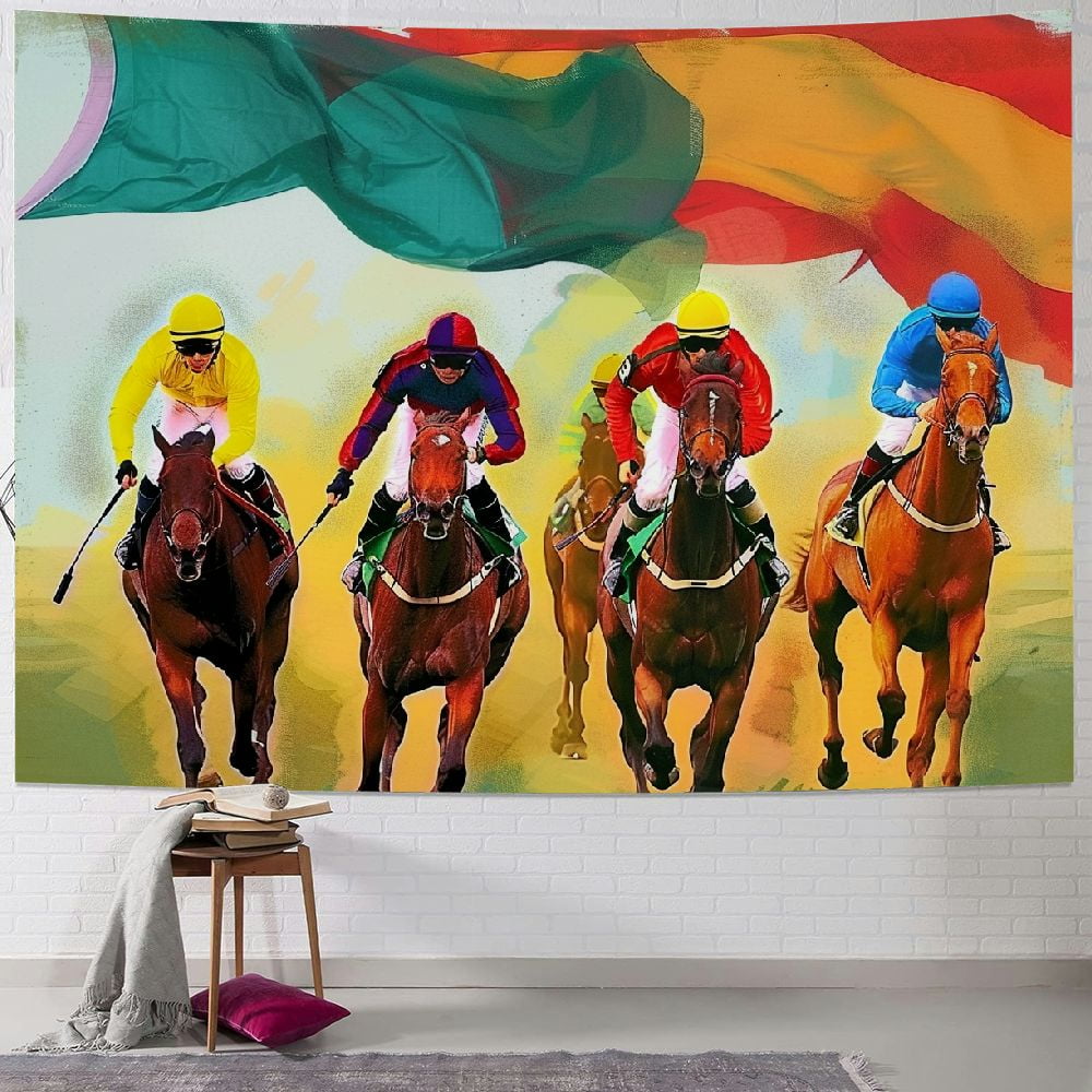 BCIIG Horse Tapestry, Vibrant Colorful Competitive Scene Jockeys Racing ...