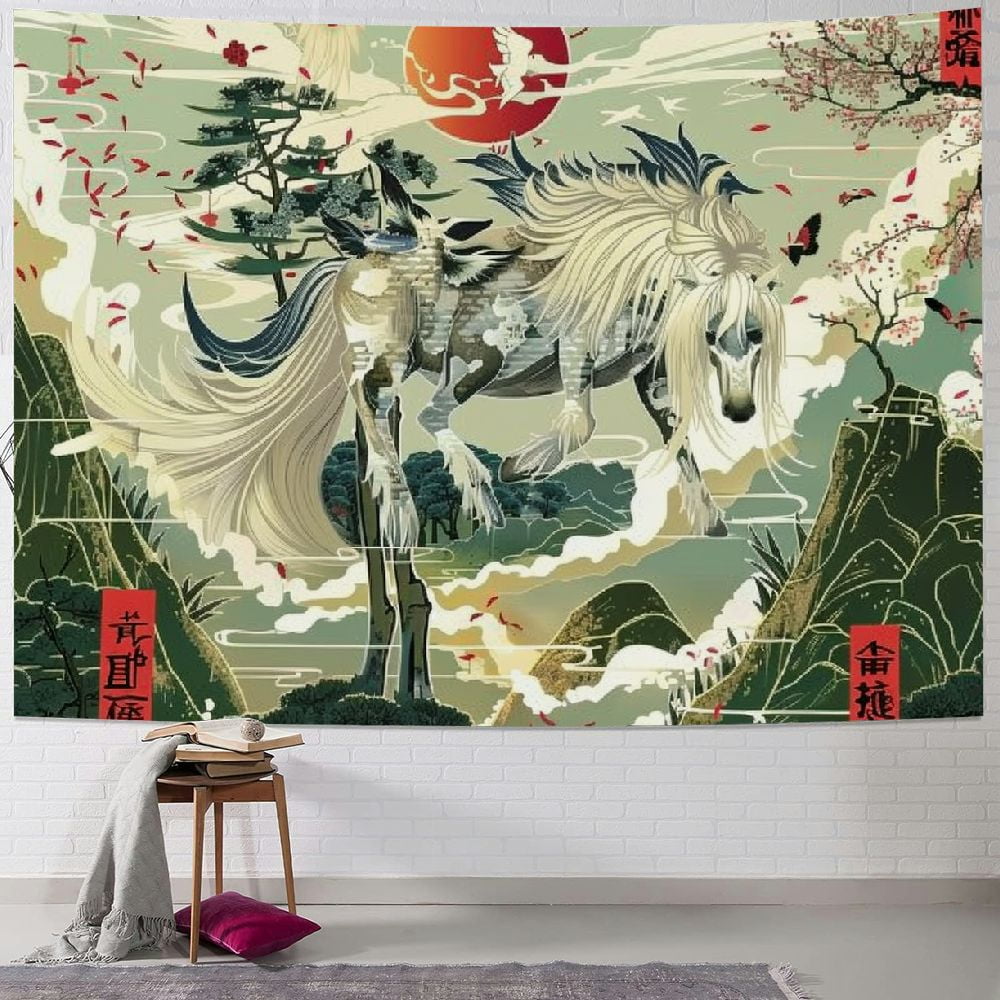 BCIIG Japanese Tapestry White Cool Wolf Red Sun Ukiyo-e Tapestry Sea ...