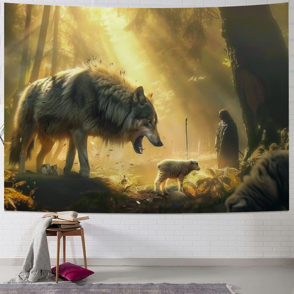 BCIIG Jesus Christ Tapestry Wolf Jesus and Lamb Wall Hanging Christian ...