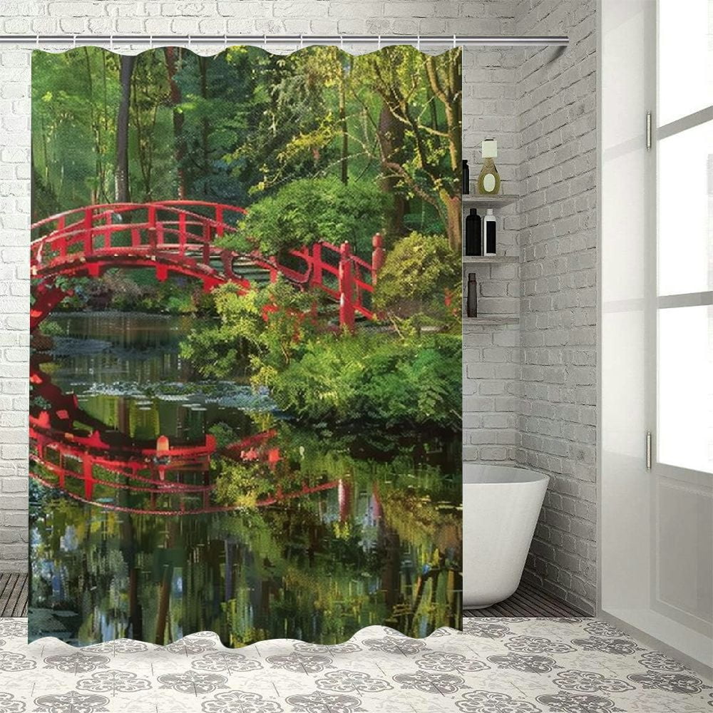 BCIIG Lake Shower Curtain, Red Chinese Bridge in a Forest of Green Tree ...