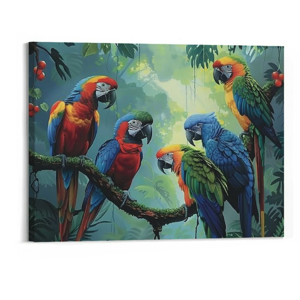 BCIIG Large Tropical Birds Animal Canvas Wall Art Rainbow Parrots on the Branch Rainforest ...
