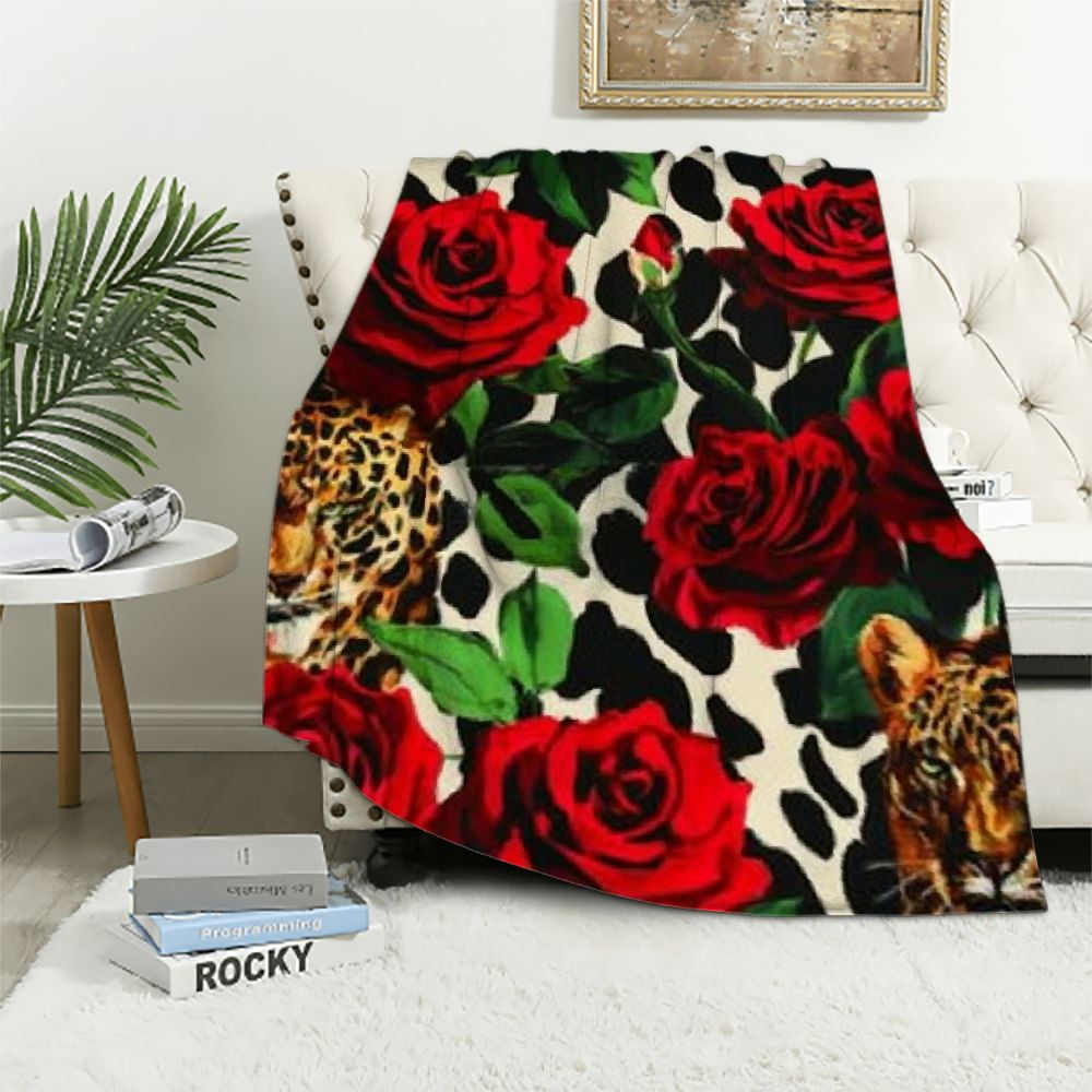 BCIIG Leopard Print Throw Blanket Rose Flower Plush Blanket for Couch ...