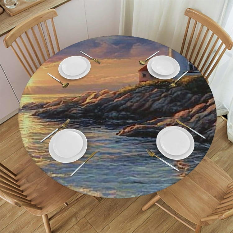 BCIIG Lighthouse Sunset Rocky Shore Round Tablecloth Stain Resistant ...
