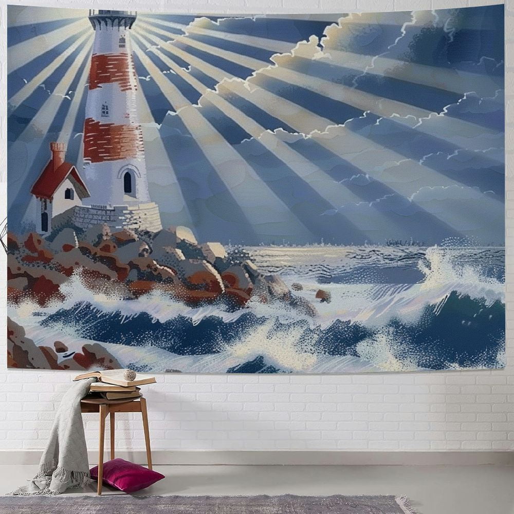 BCIIG Lighthouse Waves Rocky Shore Tapestry Wall Hanging Unique Style ...