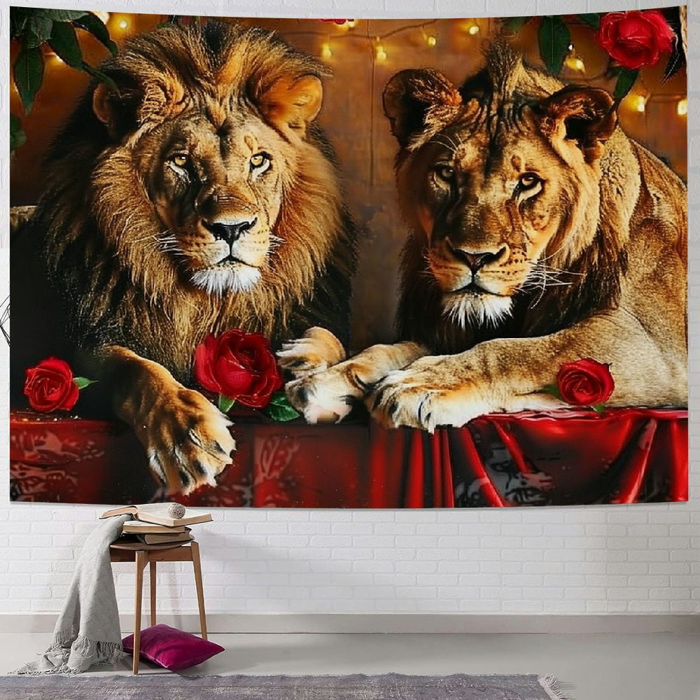 BCIIG Lion Tapestry Red Rose Wall Tapestry for Women Men,Wild Animal ...