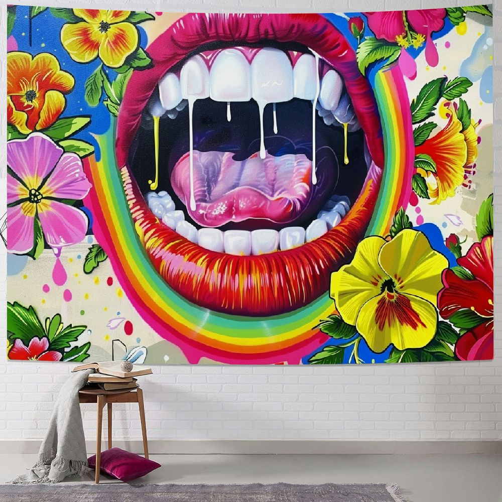 BCIIG Lip Kids Tapestry,Mouth Kiss Sunflower Rainbow Hip Pop Music Wall ...