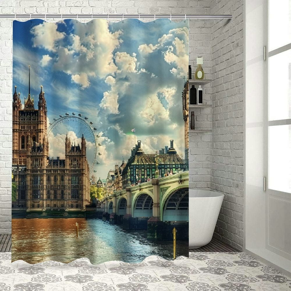 BCIIG London Shower Curtain, Big Ben Clock Tower and Westminster Bridge ...