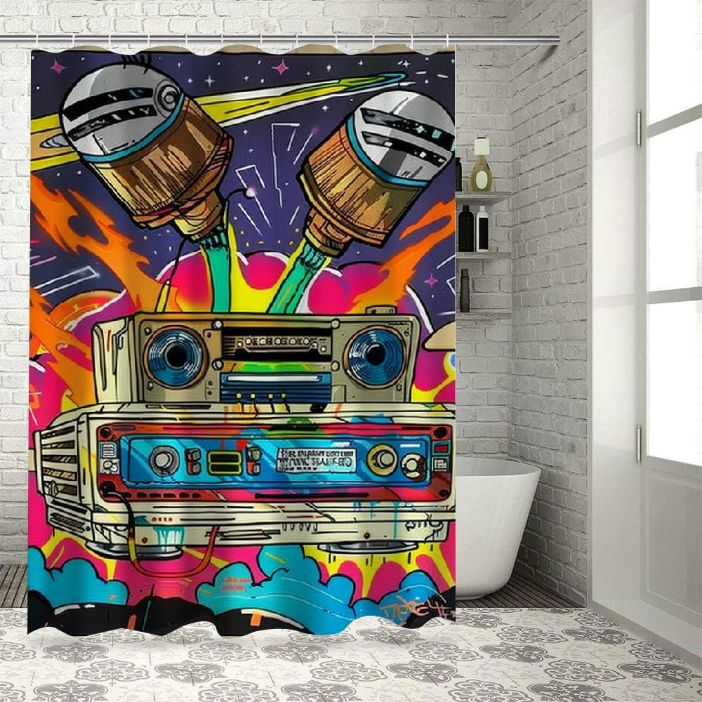 BCIIG Modern Art Shower Curtain, Hippie Funk Trippy Objects with UFO ...