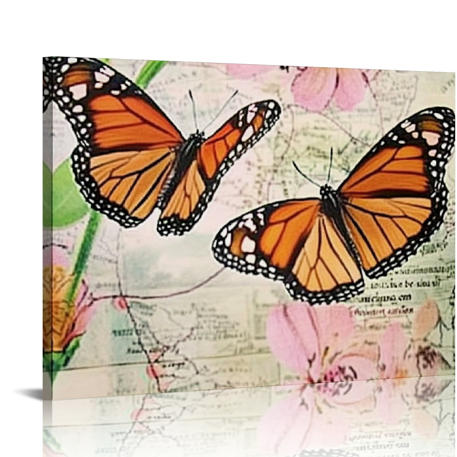 BCIIG Monarch Butterflies Map Pink Flower Canvas Prints Wall Art ...