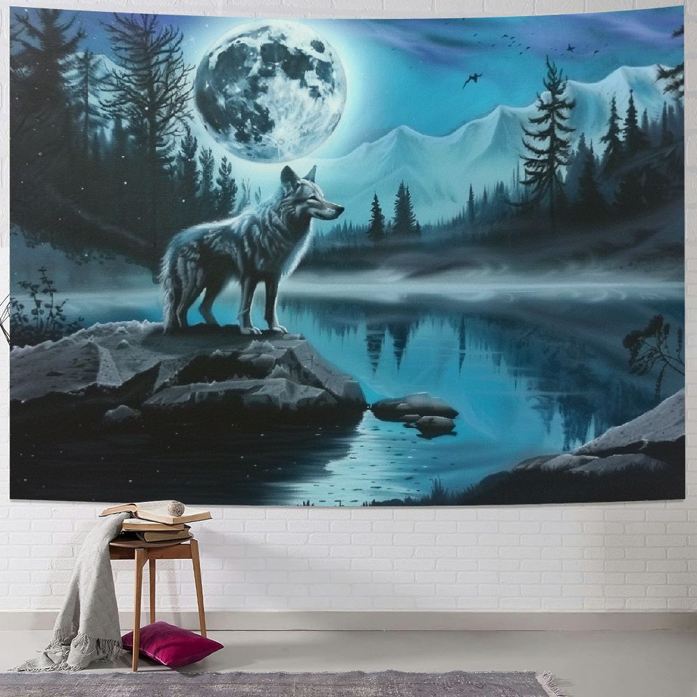 BCIIG Moon Over Ocean Tapestry Wall Hanging, Galaxy Wolf on Mountain ...