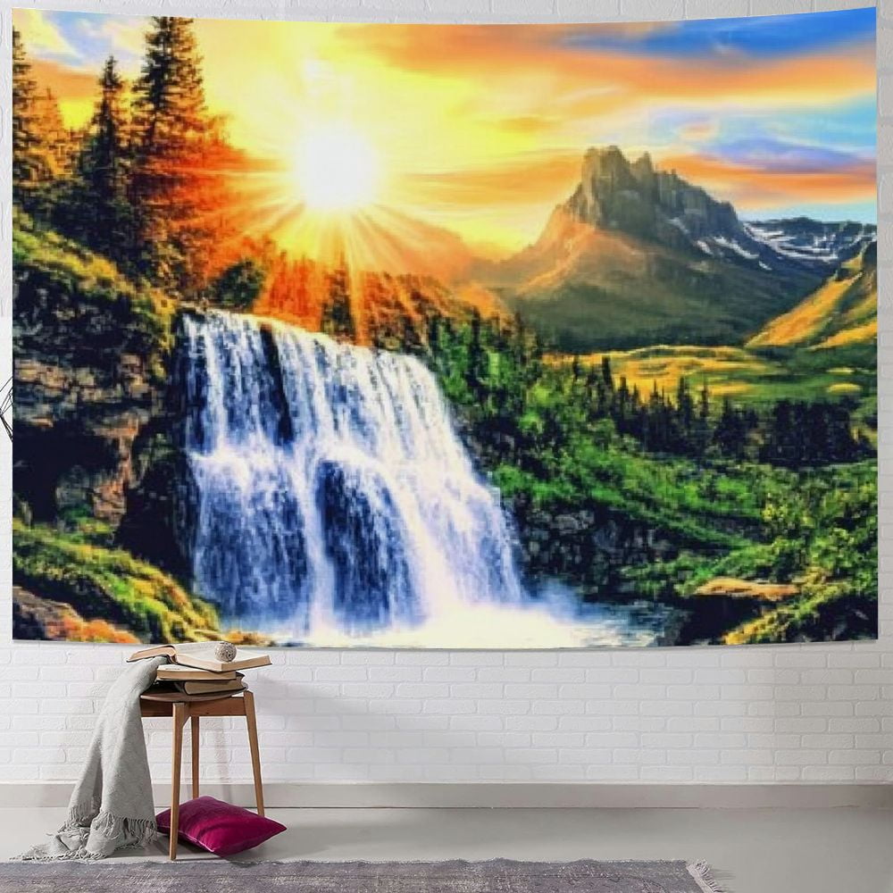 BCIIG Mountain Waterfall Tapestry Sunset Forest Tapestry Tree Nature ...