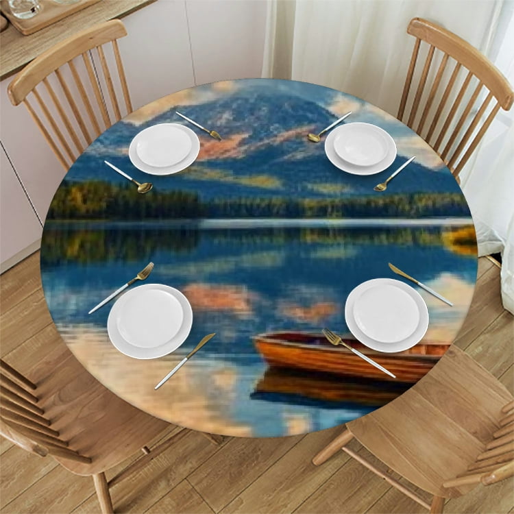 BCIIG Mountains Lake Boat Round Tablecloth Stain-Resistant Washable 100 ...