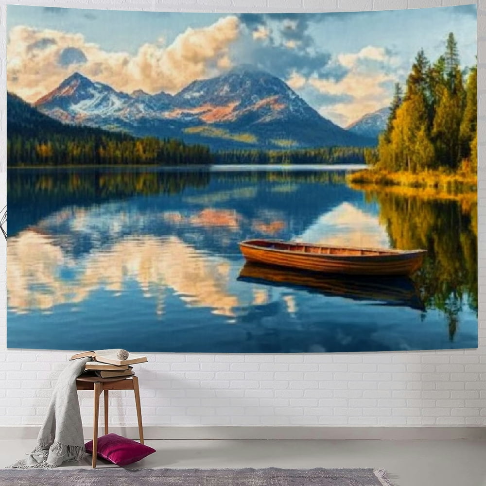 BCIIG Mountains Lake Boat Tapestry Wall Hanging Unique Style Graphic ...