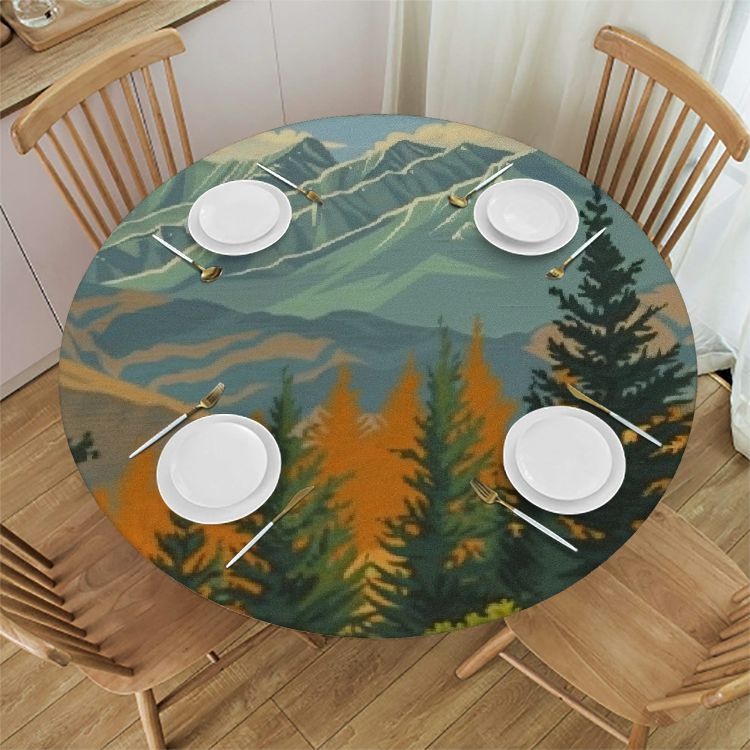 BCIIG Mountains Trees Clouds Round Table Cover Stain Resistant Washable ...