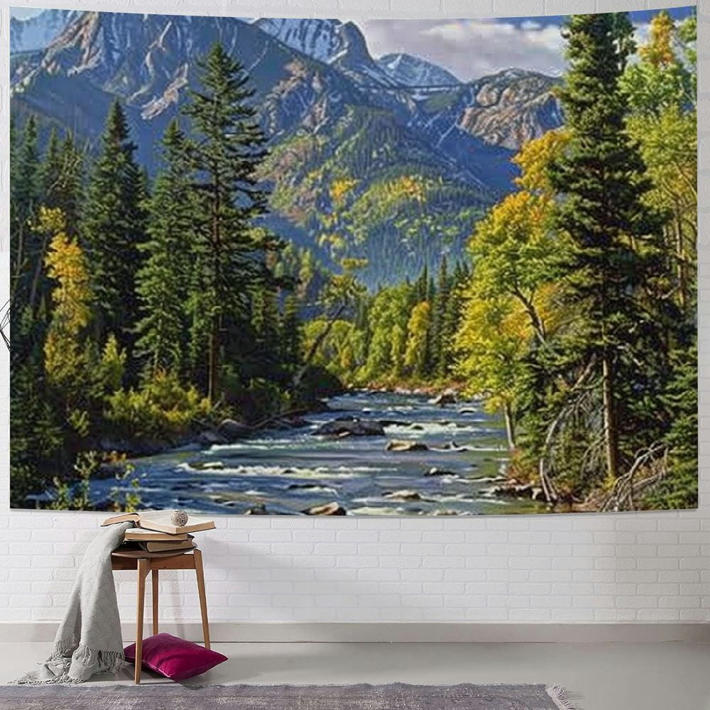 BCIIG Nature Mountain Forest Tapestry, Scenic Green Pine Tree Waterfall ...