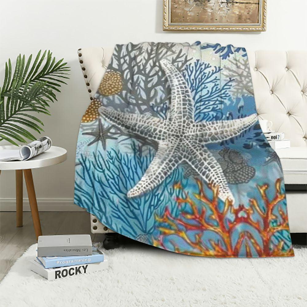 BCIIG Nautical Coastal Blanket Starfish Seashell Coral Beach Themed ...