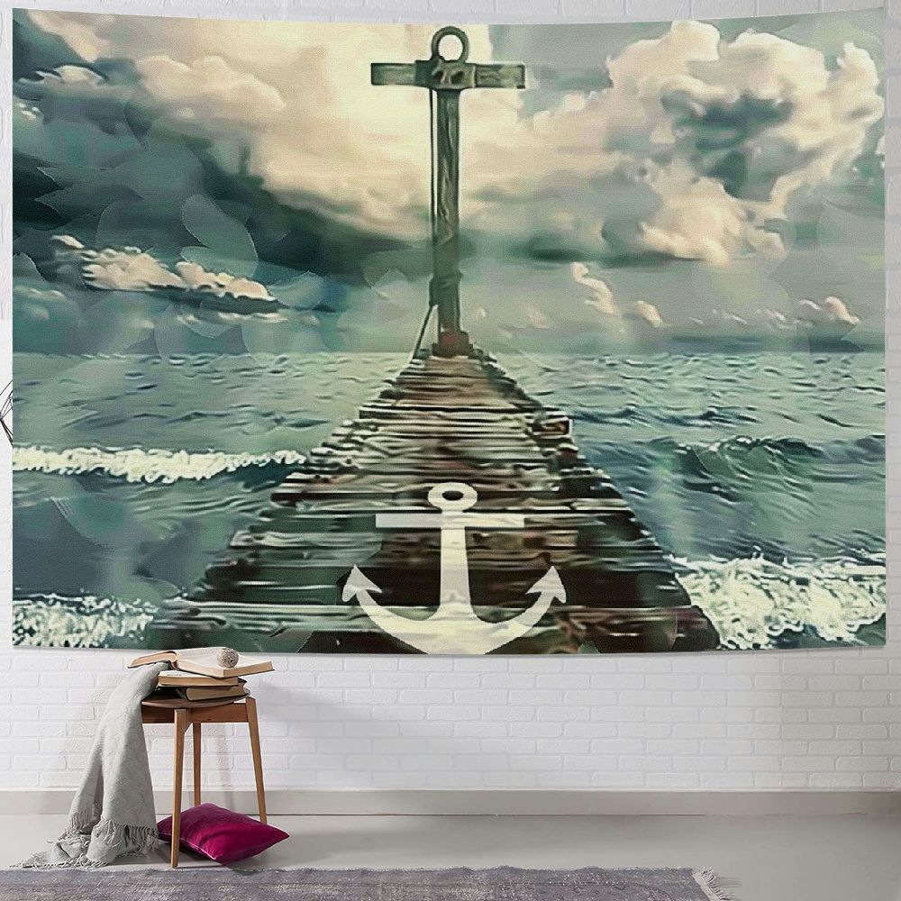 BCIIG Nautical Tapestry, Anchor Print in Ocean Waves with Long Wooden ...