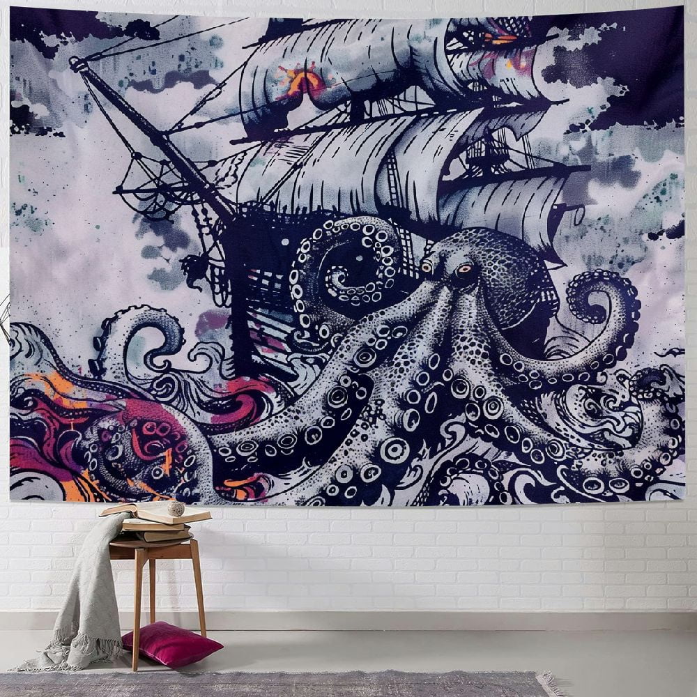 BCIIG Nautical Tapestry, Octopus and Ship in a Storm Marine Elements ...