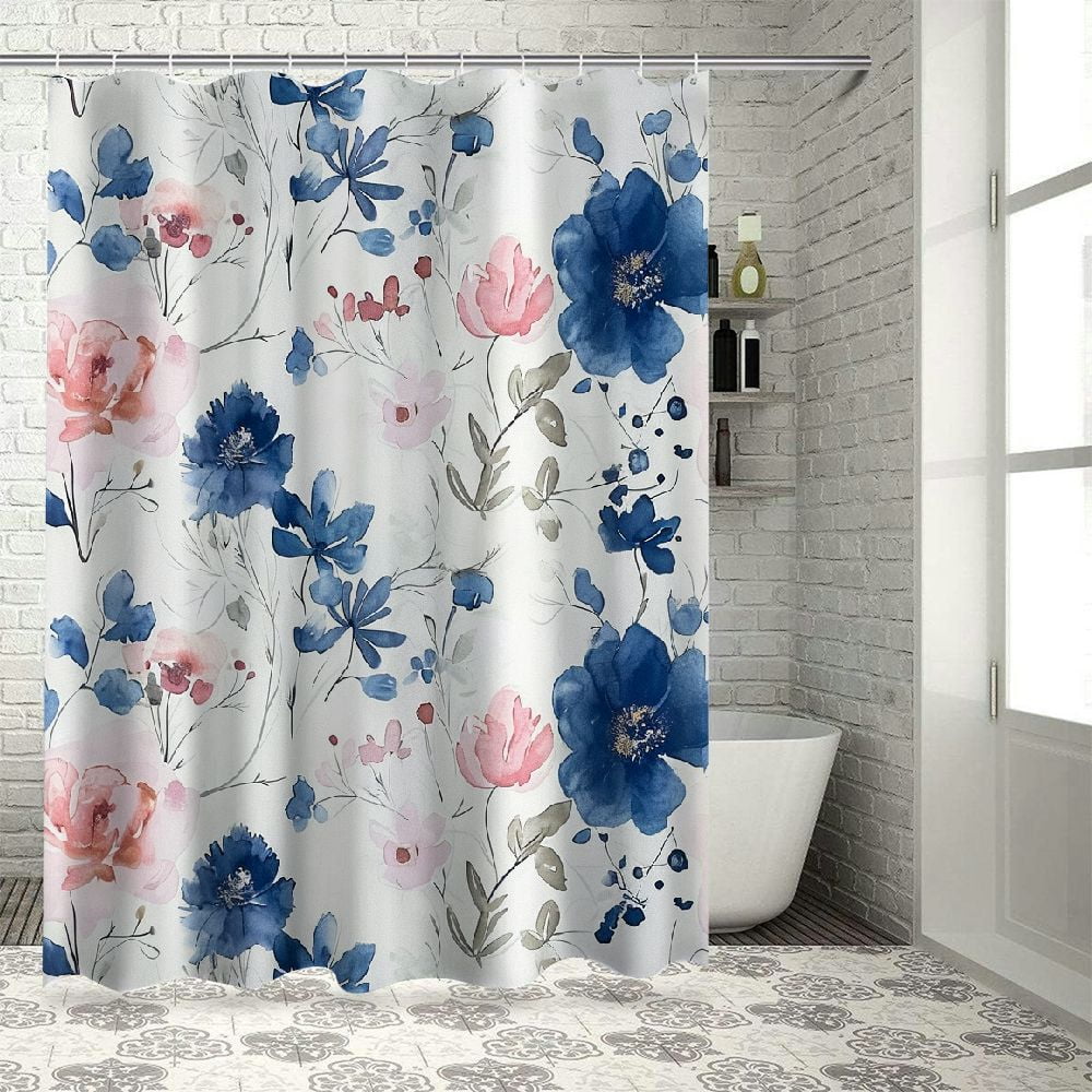 BCIIG Navy Blue and Pink Floral Shower Curtain Watercolor Flowers Bathroom Shower Curtain Waterproof Fabric Shower Curtain with
