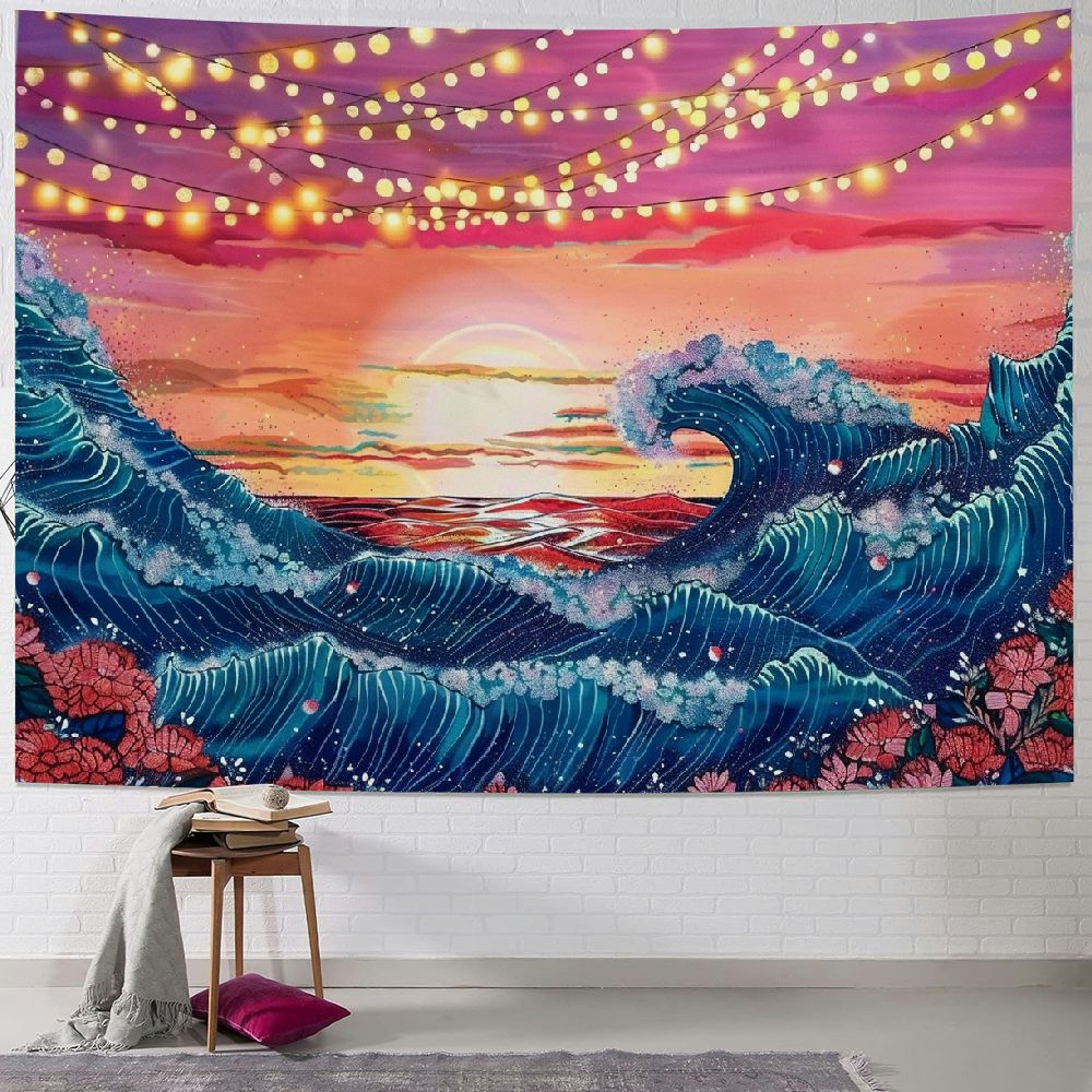 BCIIG Ocean Wave Tapestry Wall Hanging, Colorful Sea with Sun Sunset ...