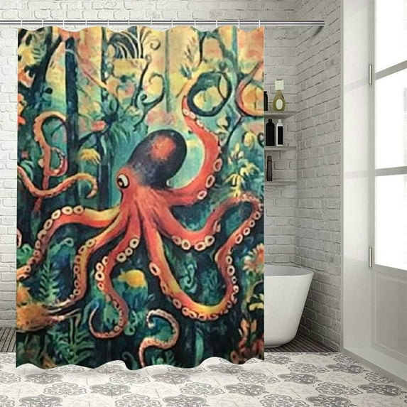 BCIIG Octopus Theme Shower Curtain Set with Hooks, 100% Polyester ...
