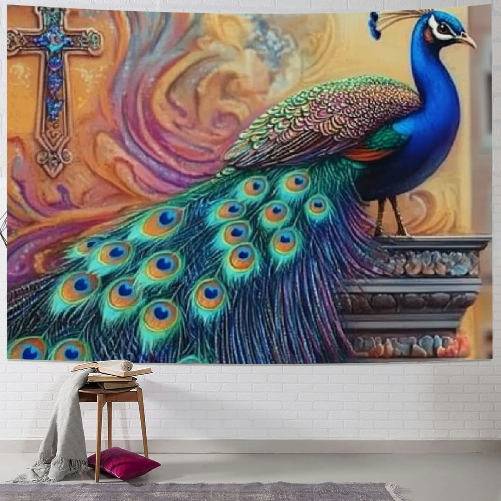 BCIIG Peacock Cross Building Tapestry Wall Hanging Unique Style Graphic ...