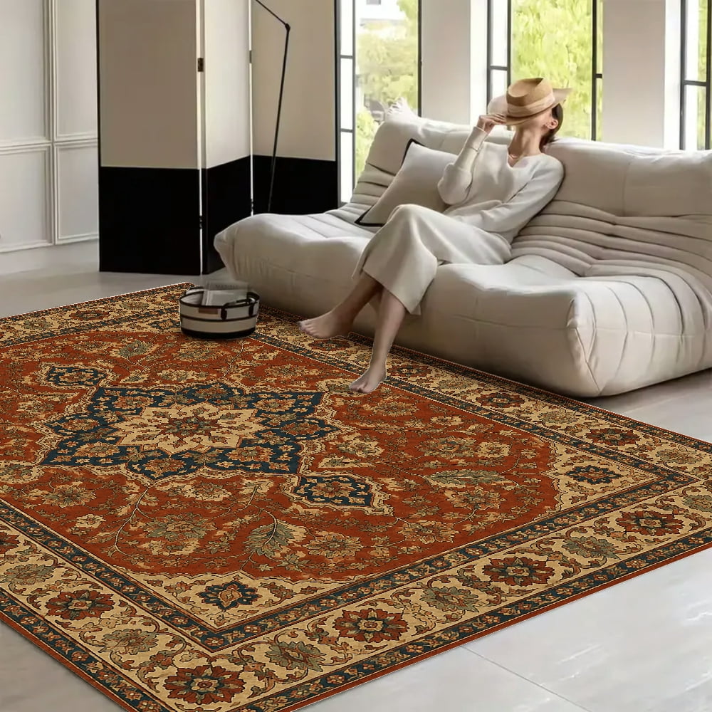 BCIIG Persian Ornate Red Velvet Area Rug Non‑Slip Indoor Floor Carpet ...