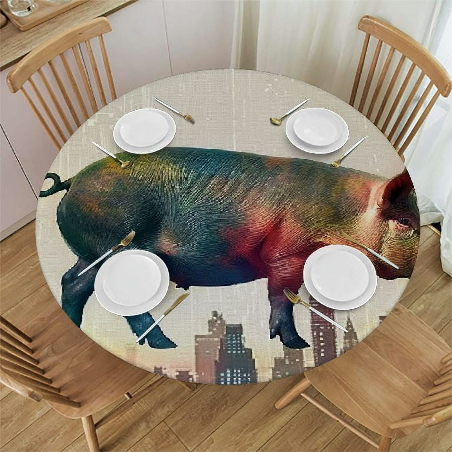 BCIIG Pig City Skyline Surreal Round Tablecloth Stain-Resistant 100% ...
