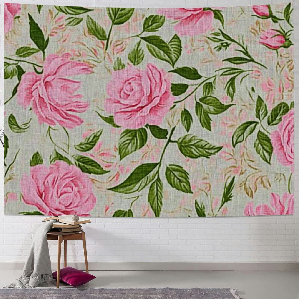 BCIIG Pink Fabric Green Leaves Silk Screen Tapestry Wall Hanging Unique ...