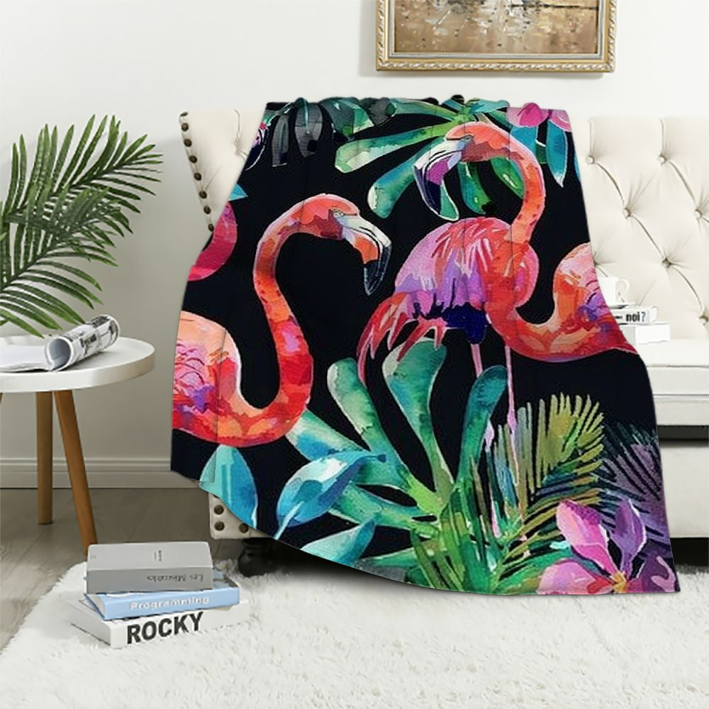 BCIIG Pink Flamingo Throw Blanket Soft Ribbed Flannel Exotic Plants ...