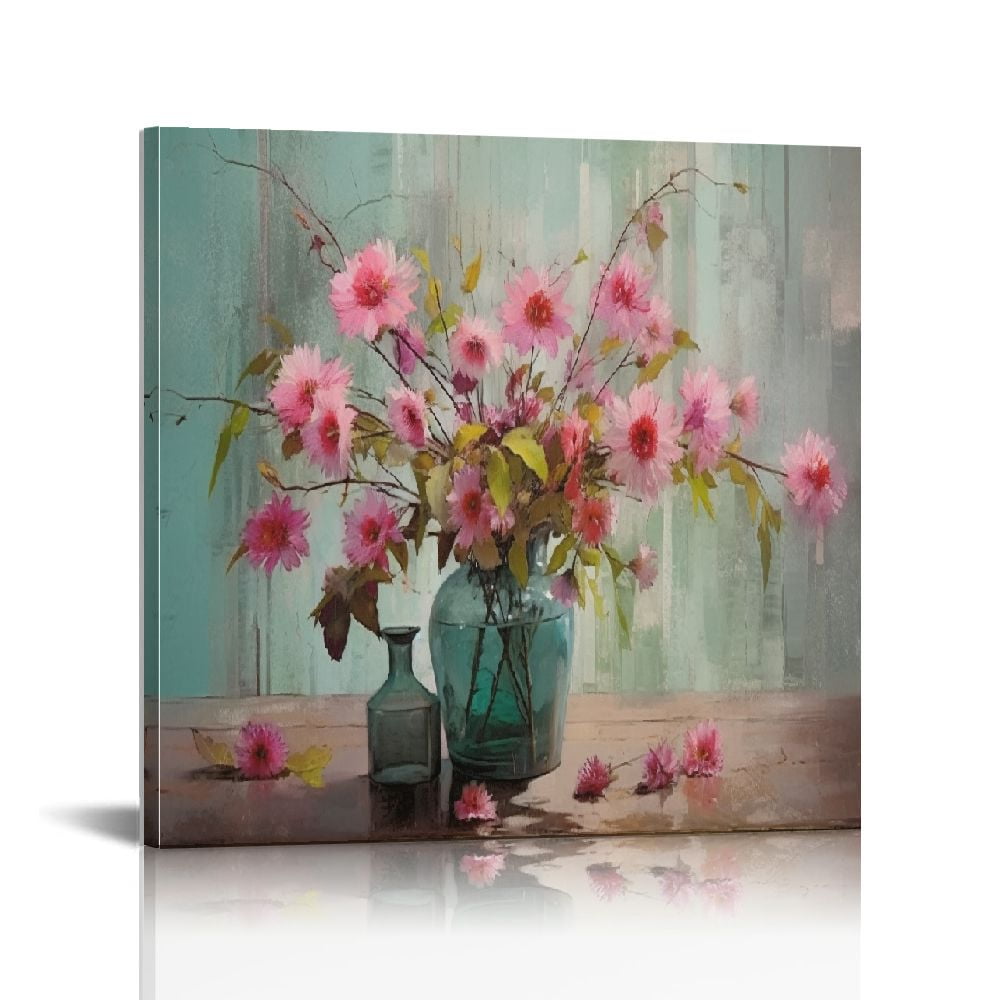 BCIIG Pink Flower Canvas Wall Art Florals Abstract Picture Teal ...