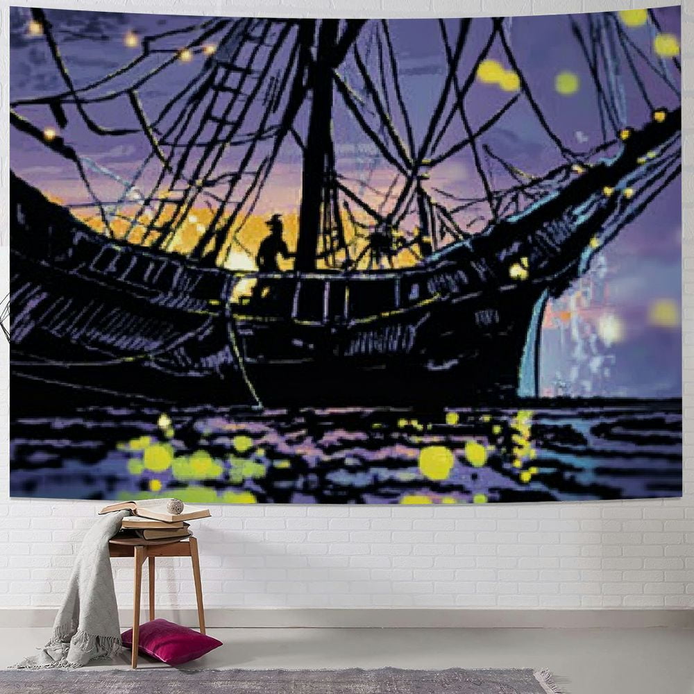 BCIIG Pirate Ship Tapestry, Ghost Ship on Fantasy Caribbean Ocean ...