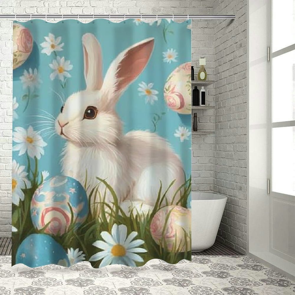 BCIIG Rabbit Flowers Eggs Washable Shower Curtain Set 100% Polyester ...