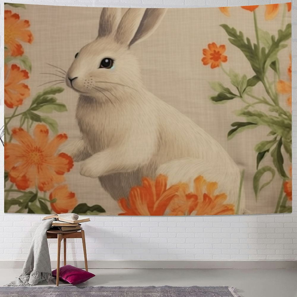 BCIIG Rabbit Flowers Tapestry Wall Hanging Unique Style Home Wall Decor ...
