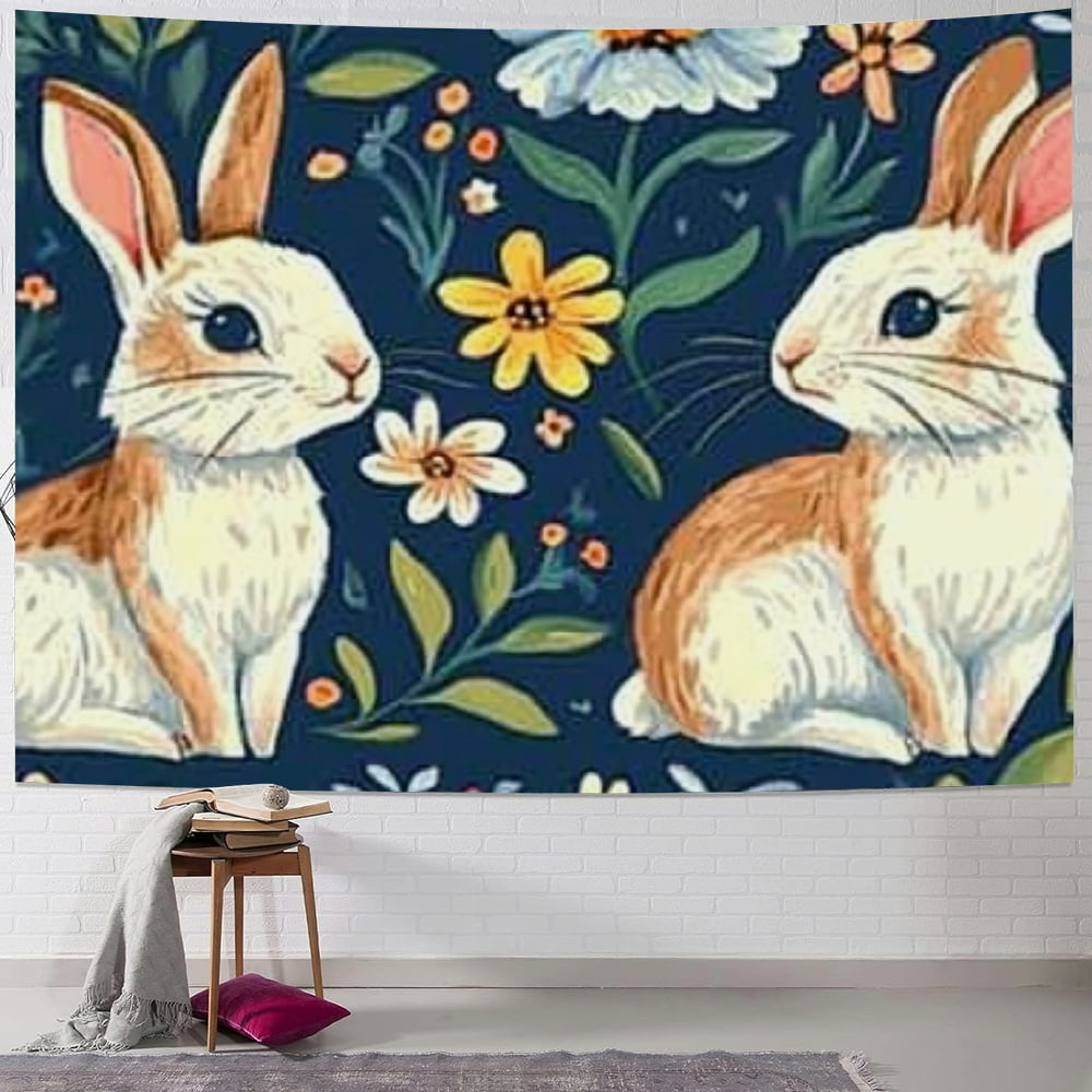 BCIIG Rabbits Flowers Illustration Tapestry Wall Hanging Unique Style ...